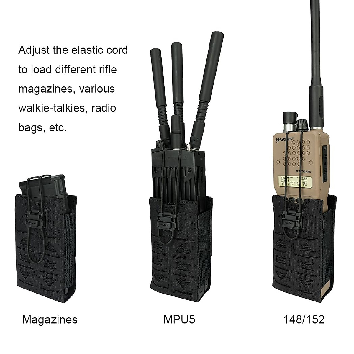 Tactical Radio Pouch MOLLE Radio Holster Compatible with 148/152 MPU5 Baofeng Radio Case Bag Walkie Talkies Rifle Mag with Elastic Cord 500D Nylon (Black)