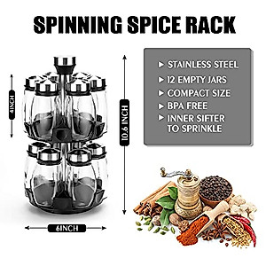 Revolving Spice Rack Organizer Countertop, Spinning Spice Storage Rack Tower Organizer with 12 Empty Jars, Rotating Spice Holder Shelf Seasoning Rack Shelf, Spice Seasoning Bottle Organizer