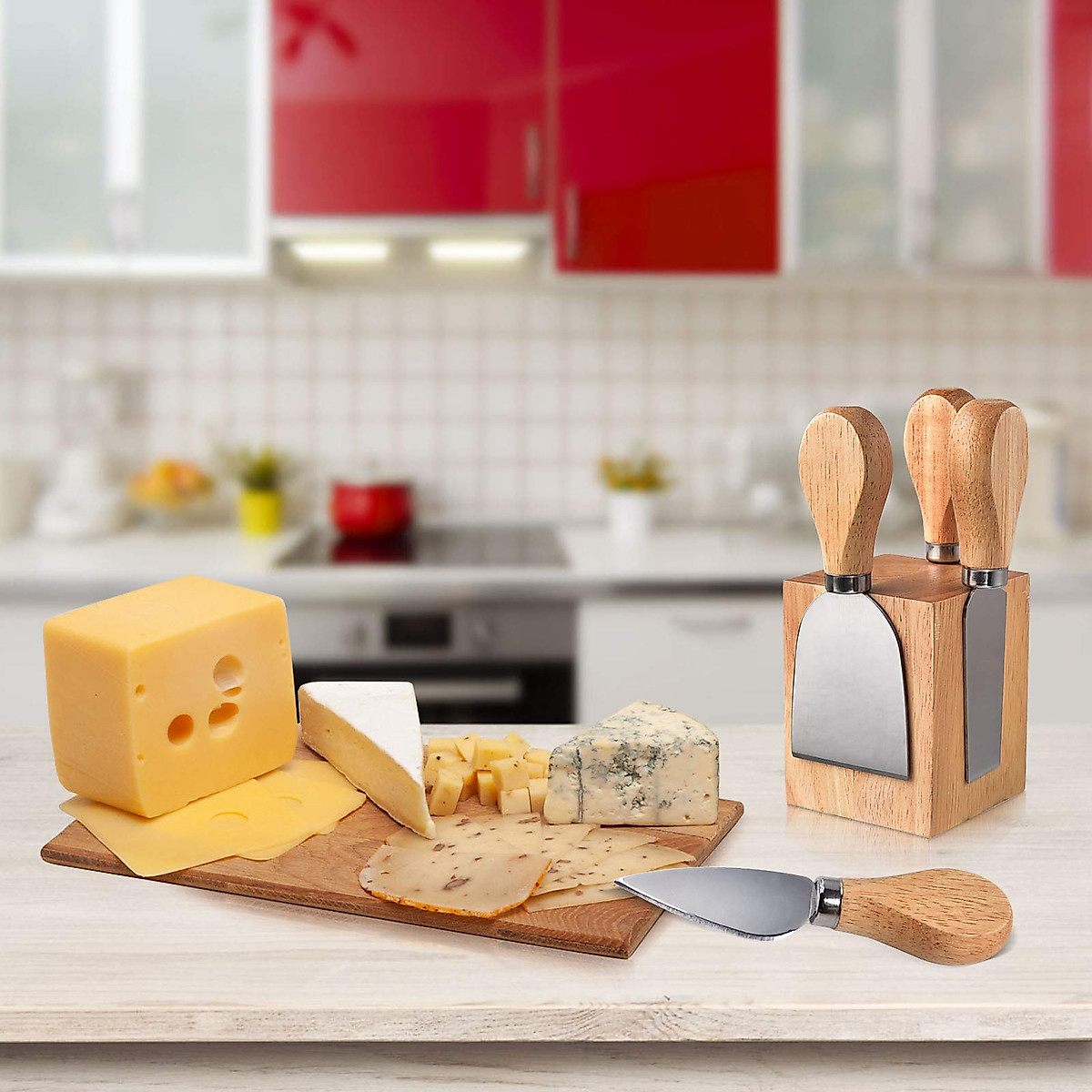 Cheese Knife Set with Holder Stand,Set of 4 Pieces Cheese Cutter Knives Set for Charcuterie Board,Stainless Steel Cheese Spreader,Slicer,Shaver,Fork with with Wood Handle & Magnetic Knife Block