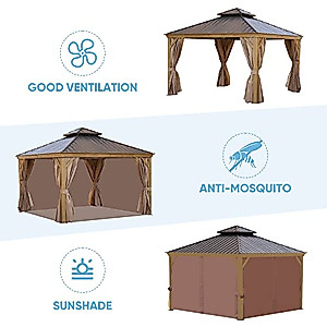 12 * 12FT Hardtop Gazebo Pavilion Aluminum Frame with Galvanized Steel Canopy Outdoor Permanent Gazebo with Netting and Curtains Deck Backyard Heavy Duty Sunshade Large Metal Patio Gazebo, Brown