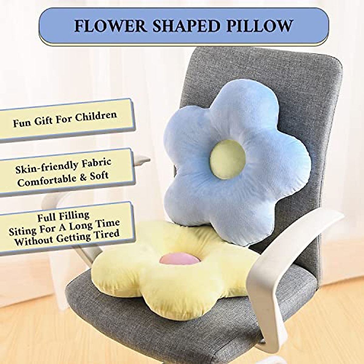 HIG 2 PCS Decorative Flower Throw Pillows, Adorable Accent Floor Pillows with Unique Sunflower Shape, 15 inch Round Fun Daisy Indie Pillows for Sofa Couch Bed Children's Tent, Velvet, Blue (Loren)