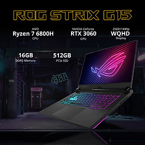 ASUS ROG Strix G15 Gaming Laptop, 15.6" WQHD 165Hz Display, AMD Ryzen 7-6800H, 16GB DDR5, 512GB SSD, RGB Backlit Keyboard, GeForce RTX 3060 6G, Win 11 Pro, WI-FI 6, Gray, 128GB Hotface Extension Set