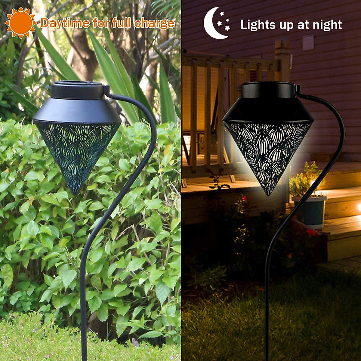 Bownew Garden Metal Solar Pathway Lights Outdoor Decorative Path Lights with Hanging Flower Lanterns for Patio and Yard - Set of 2