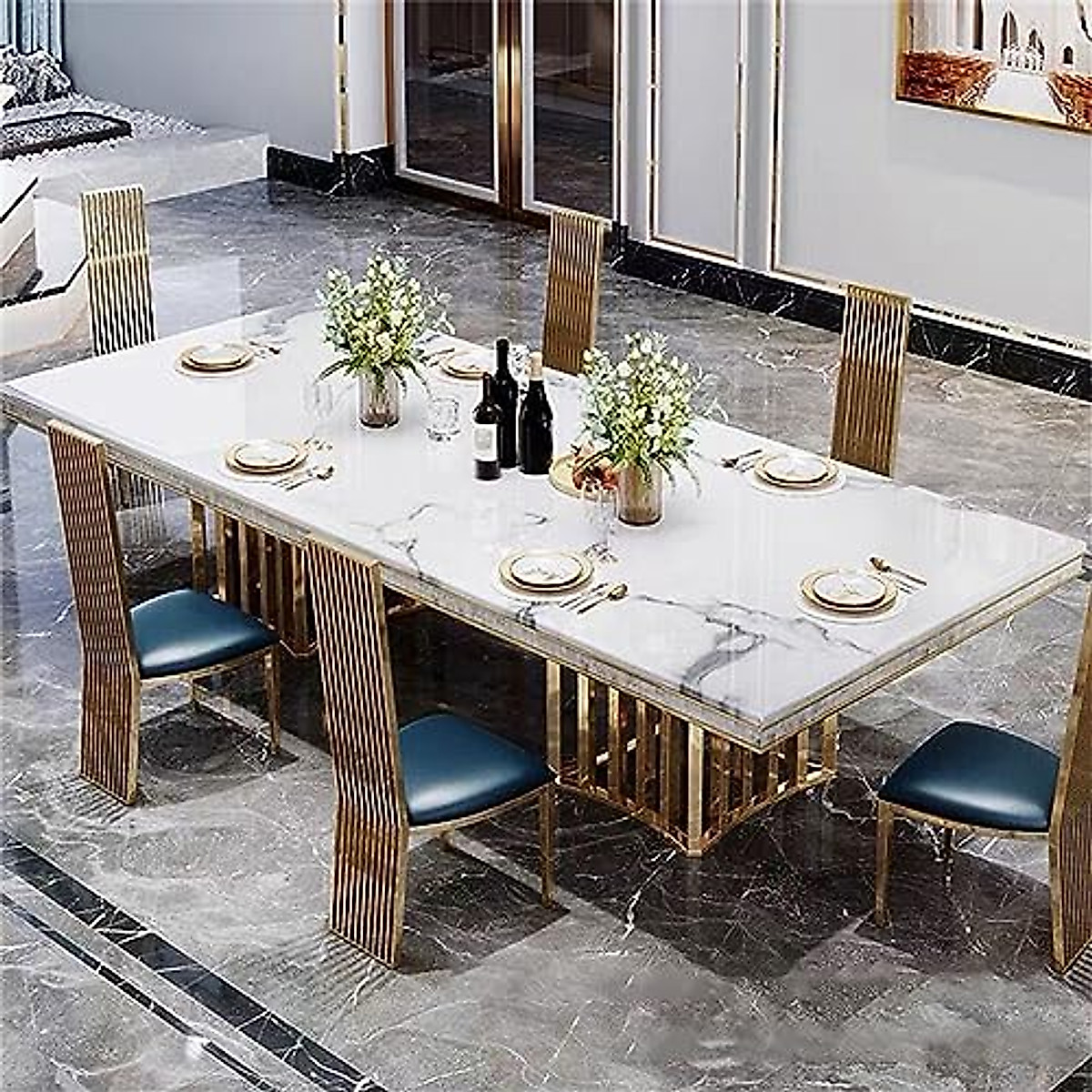 LAKIQ Luxury Style Marble Dining Table Modern Rectangle Kitchen Dining Room Table Gold Metal Pedestal Table-Table Only-Without Chairs (White,63" L x 35.4" W x 29.5" H)