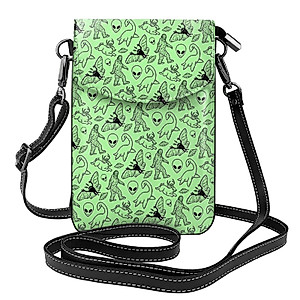 Crossbody Cell Phone Purse Aliens Bigfoot Savage Dinosaurs Green, Multipurpose Soft PU Leather Wallet for Mobile Phone Card Passport Storage, Lightweight Casual Adjustable Shoulder Bag