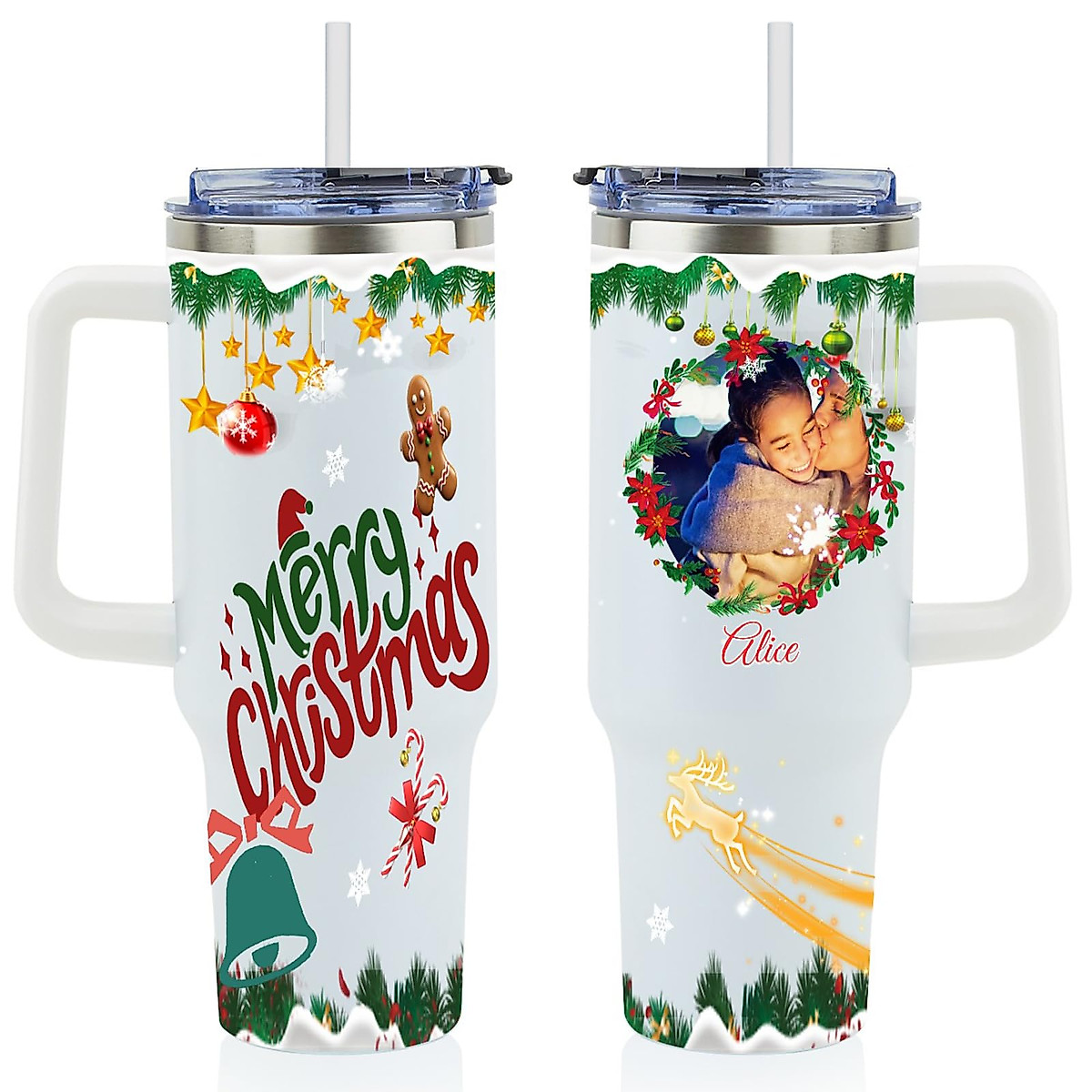 Custom Christmas Garland Tumbler - Personalized Name,Photo 40 Oz Tumbler with Handle Straw Lid,Insulated Xmas Tumbler Coffee Mug Stainless Steel Travel Mug Holiday Gifts for Kid Boy Girl Family