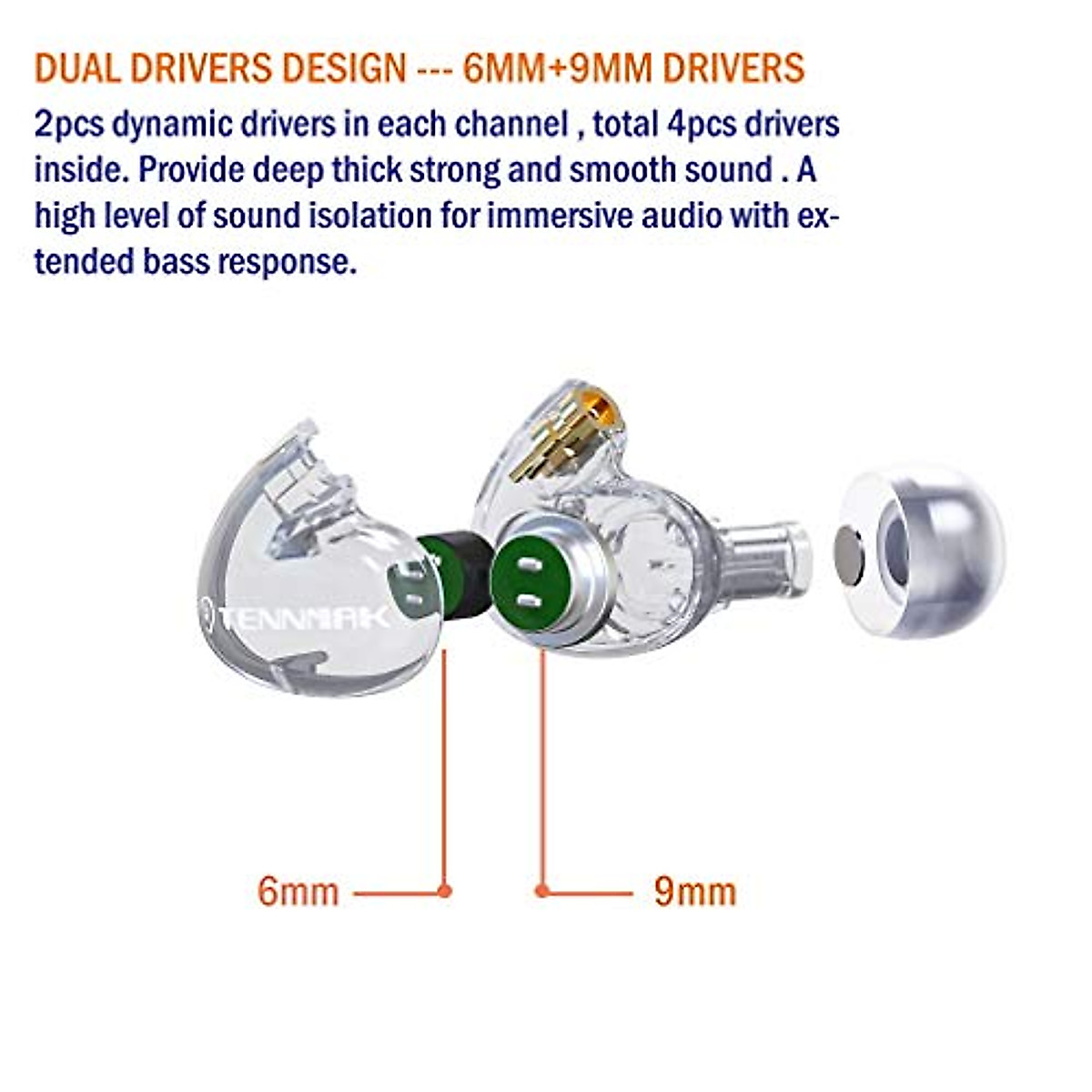 TENNMAK PRO Earphone Accessory Clear Ear Head Unit for MMCX Sport Running Gym Replace in Ear Earphones Earbuds Headphones, Dual Drivers Earphone Ear Head (PRO Ear Head) (Clear)