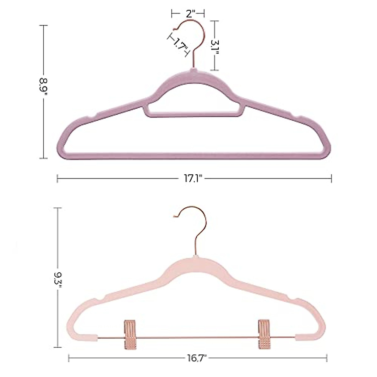 SONGMICS 50-Pack Velvet Hangers and 24-Pack Pants Hangers Bundle, Clothes Hanger with Rose Gold Swivel Hook, Coat Hangers with Movable Clips, Pale Purple and Light Pink UCRF021GP50 and UCRF14PK24