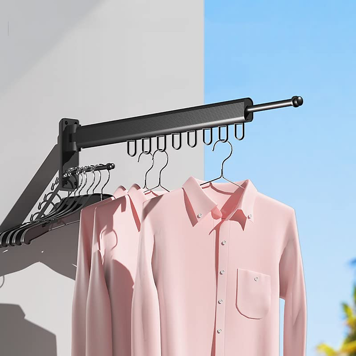 LITAITAI Space-Saving Wall Mounted Laundry Drying Rack - Folding Retractable Clothes Drying Rod - Ideal for Indoor and Outdoor Use, Clothes Drying Rack for Laundry Rooms or Bathrooms (1-Pole, Black)