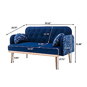 Yoglad Velvet Small Sofa, Upholstered Loveseat with Golden Metal Legs, Accent Couch with Cute Pillows, Small Couch with Solid Wood Frame, for Living Room, Bed Room, Dorm, 55" Inch (Navy)