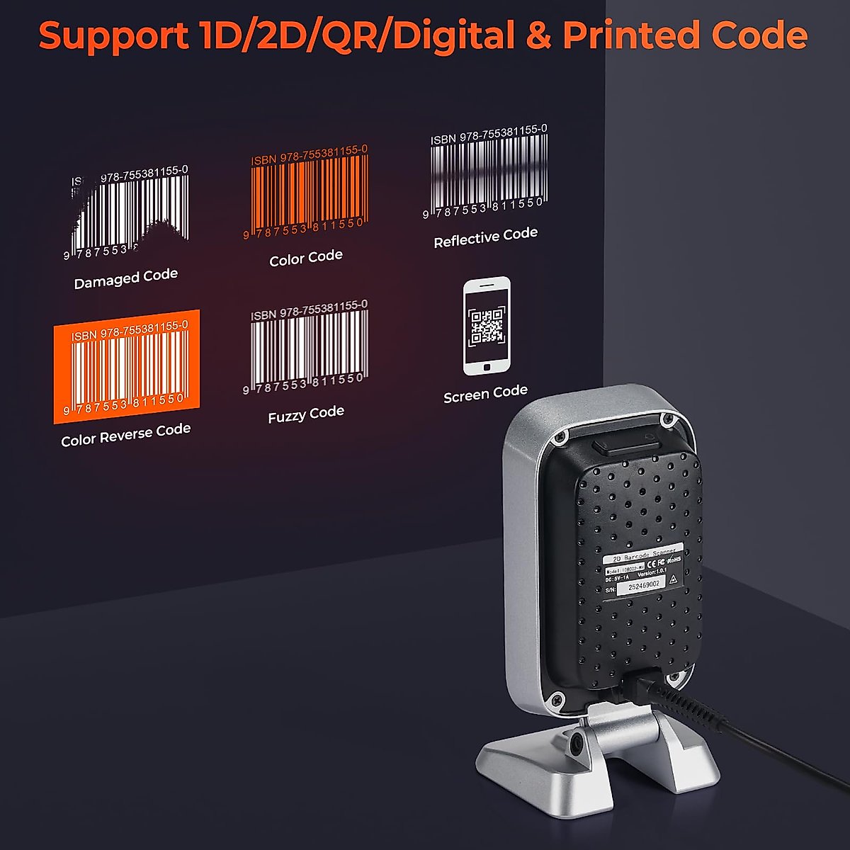 MUNBYN 1D 2D Barcode Scanner IOBC01 Hands-Free Barcode Scanner Omnidirectional PDF417 Data Matrix QR USB Wired Reader, Auto/Manual Destktop Scanner Support Paper/Screen Barcode, Plug & Play
