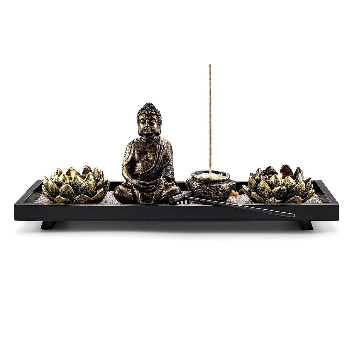Jovivi Zen Garden Set Buddha Statue 2 Lotus Tealight Candle Holders, Mallet & Rocks and Crystals & Incense Burner Stick Holder Bowl & Wood Tray for Yoga Meditaion Home Table Decor Gift