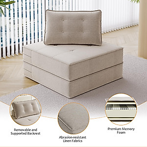 SKKTKT Folding Sofa Bed with Back Support, Large Convertible Sleeper Chair Floor Couch with Pillow, Foldable Mattress Portable Chair Bed Floor Sofa Lounge for Living Room Bedroom Apartment (Beige)