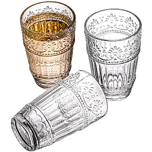 AVLA 6 Pack Romantic Water Glasses, 12 OZ Drinking Glasses Tumblers, Vintage Iced Coffee Glassware Set, Premium Bar Drinkware Cup for Beverages, Tea, Juice, Whiskey, Cocktail, Embossed Design