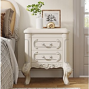 Tribesigns White Nightstand, End Table with 2 Drawers, Carved Bedside Tables, Side Table for Bedroom, Living Room, Classic Bedroom Furniture, Night Stand（1PC