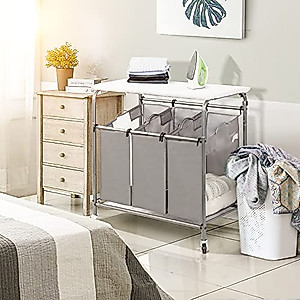STO STO Laundry Sorter 3 Section with Ironing Board, 3 Bag Laundry Hamper with Folding Table, Laundry Basket with Heavy Duty Lockable Wheels and Removable Bag for Clothes Storage, Gray