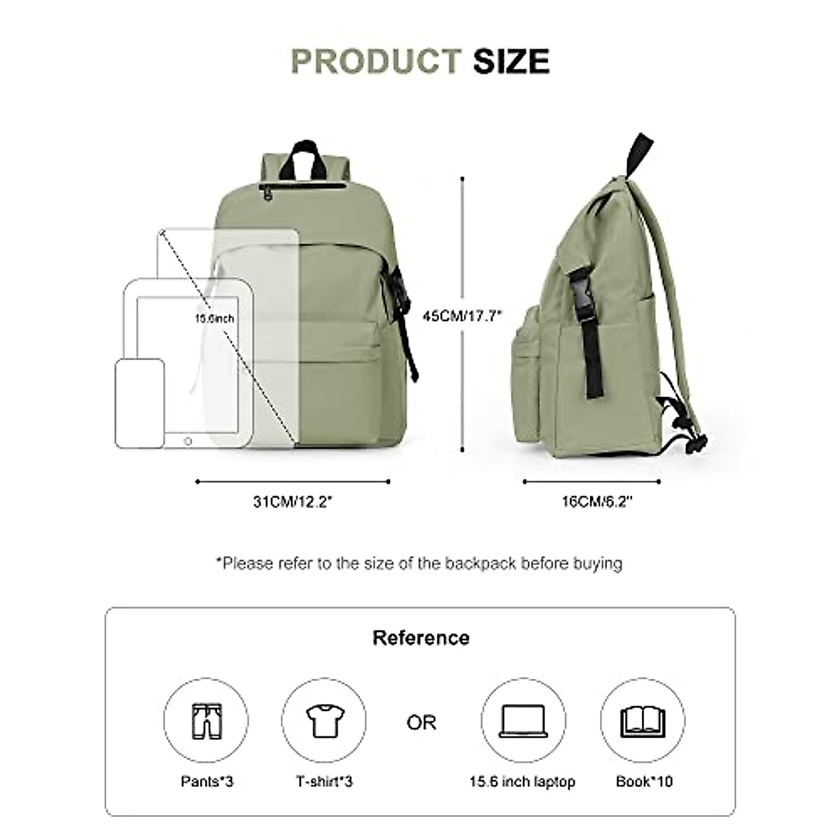 VGOCO School Backpack for Women Men,Middle High School Bookbag for Teens Girls Boys Small Travel Backpack Waterproof College Lightweight Cute Backpacks Casual Daypack Fits 15.6 Inch Laptop GREEN
