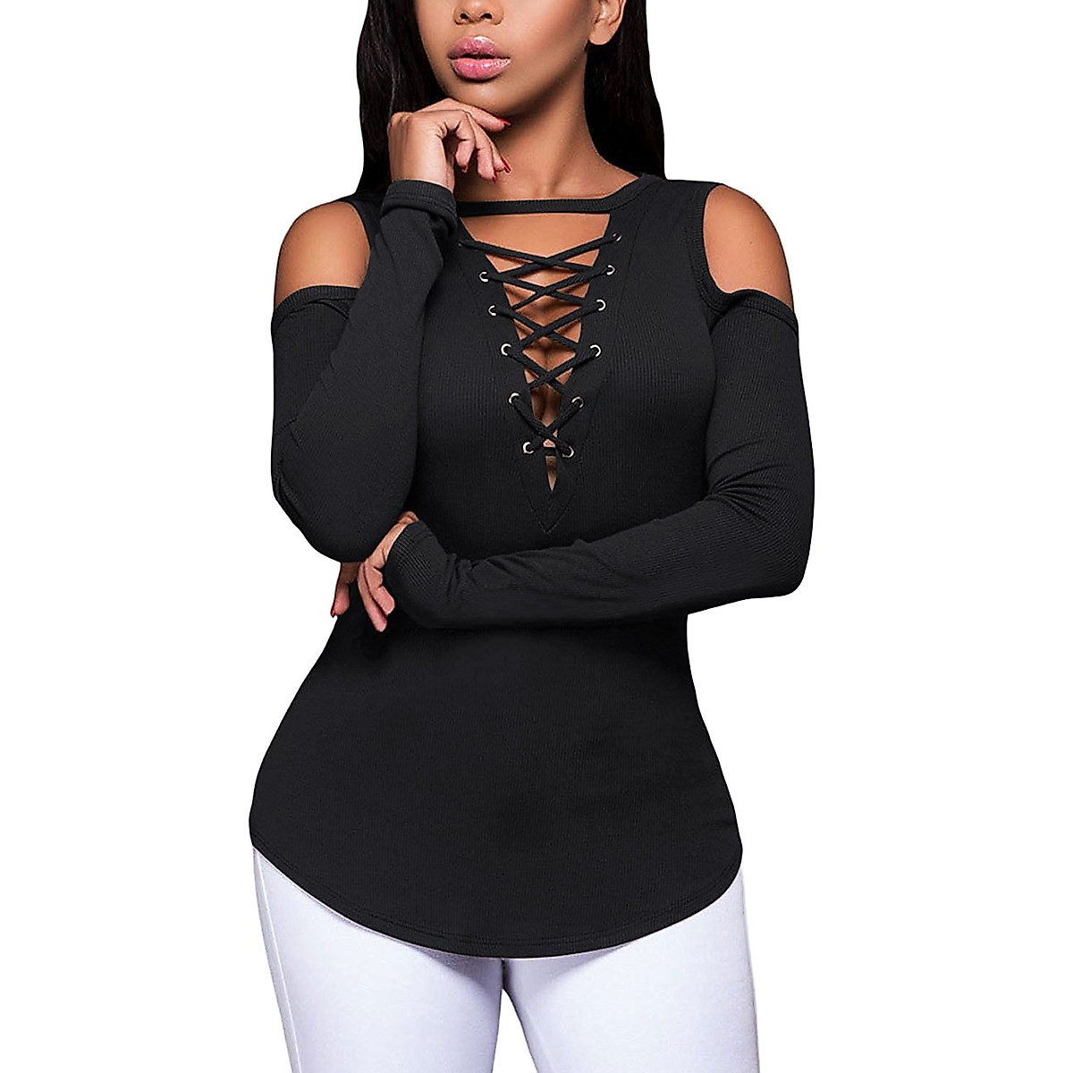 Defal Women's Sexy V-Neck Cold Shoulder Long Sleeve Blouse Shirt Slim Lace-Up Ribbed Stretchy T-Shirt Top (XXL, Black)