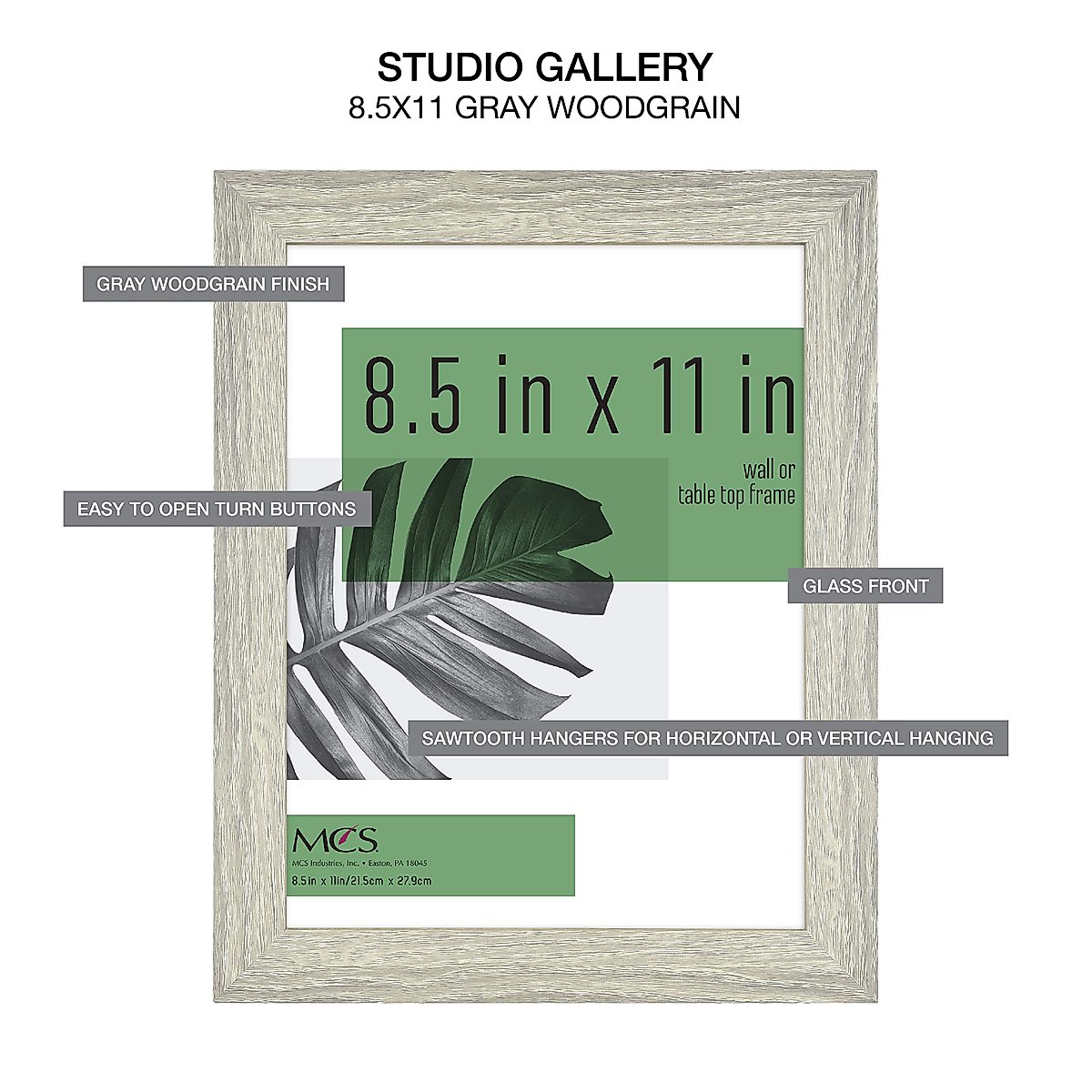 MCS Studio Gallery 8.5x11 Picture Frame Gray Woodgrain, Rectangle Photo Frame for Photos, Posters & Art Prints & Easel for Tapletop Display (1-Pack)