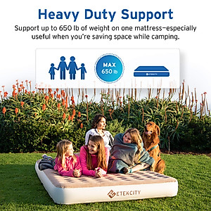 Etekcity Camping Air Mattress, Inflatable Mattress Air Bed Queen Twin with Rechargeable Pump, Leak-Proof Blow Up Mattress Raised Airbed , Height 9", Storage Bag , Brown