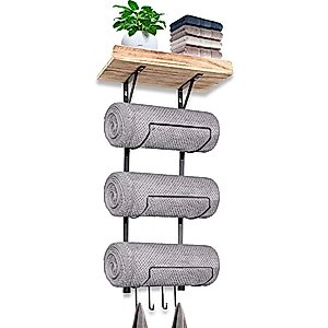 Merkaunis Towel Rack Wall Mounted with 4 Hooks,Metal Tower Holder with Wooden Shelf, Bathroom Towel Storage,Towel Storage Racks for Different Size Towels,Washcloths,Hand Towels,Yoga,Salon,RV