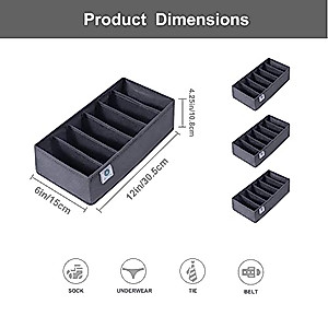 Qozary 3 Pack Sock Underwear Drawer Organizer Dividers, Non-Woven Fabric Collapsible Cabinet Closet Storage Boxes for Clothes, Socks, Lingerie, Underwear, Tie, Belt, Baby, Bedroom (Gray, 6 Cells)