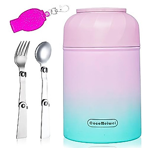 CocoMeiwei Thermos for Hot Food & Drinks, Thermos Lunch Box for Kids, 17oz Vacuum Insulated Food Container with Spoon&&Drawstring Bag, Soup Thermos for Adults, Pink&Green