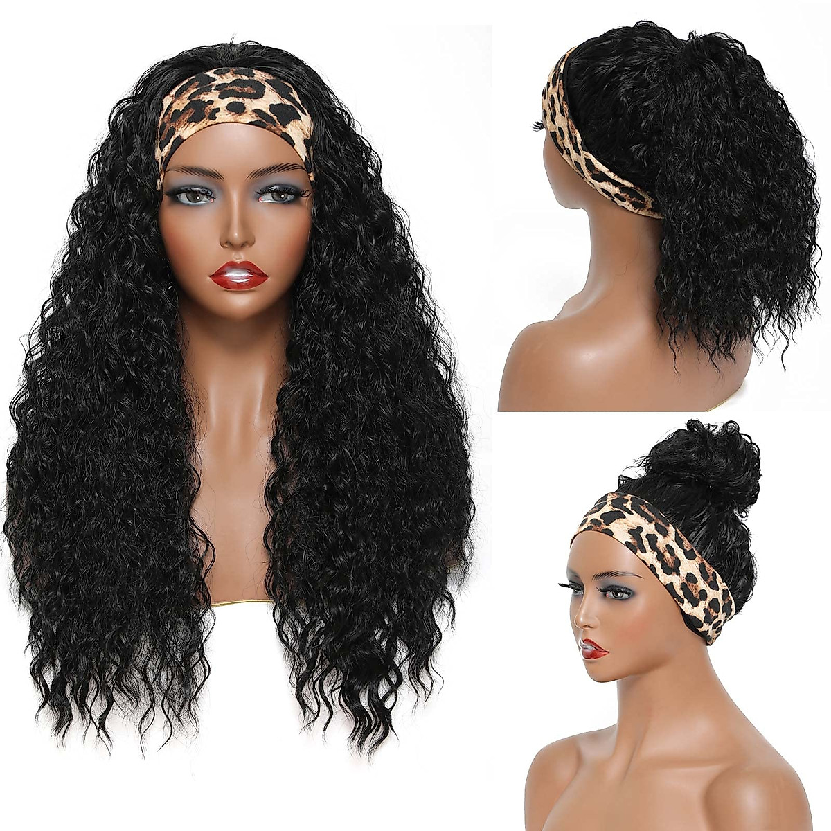 Aksice Curly Headband Wig for Black Women, Water Wave Headband Wigs with Headbands Attached, Glueless Black Half Wig 150% Density for Daily Use (26 Inch)