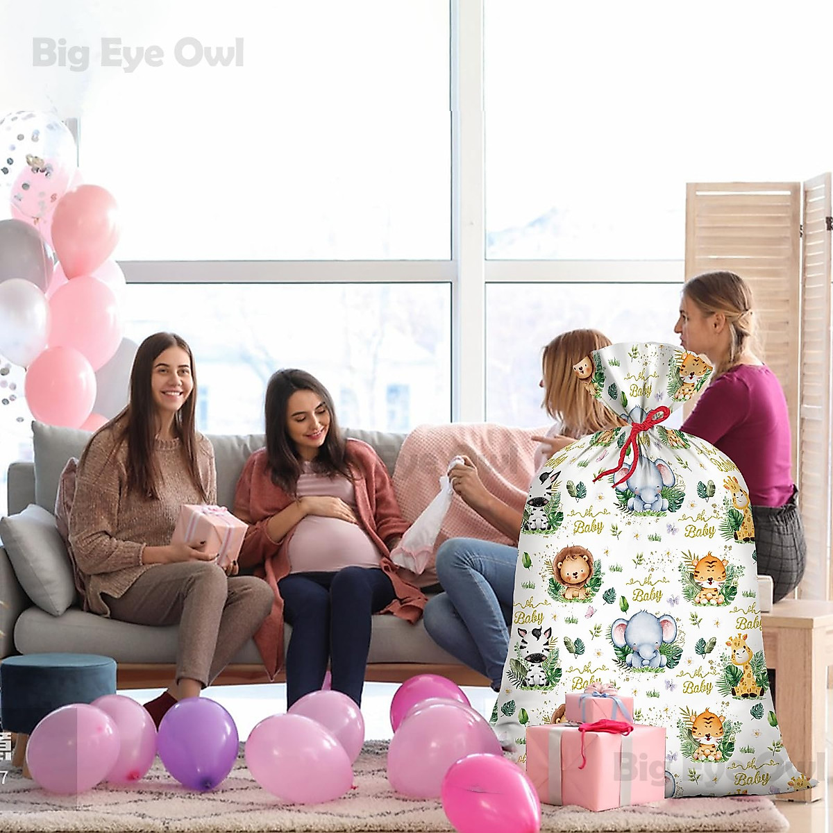 Large Baby Shower Bags Safari Jungle Animals Gift Bags Plastic Present Bag Gift Wrap Baby Shower Gender Reveal Party Birthday Party Favors Supplies with Ropes 36 * 48 Inch