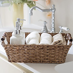 ROSOS Wicker Baskets 2 Pack, Washable Big Wicker Baskets for Storage with Wooden Handles, Waterproof Plastic Wicker Storage Basket for Shelves, Large Wicker Basket in Size 14.5"x10.6"x4.5", Brown