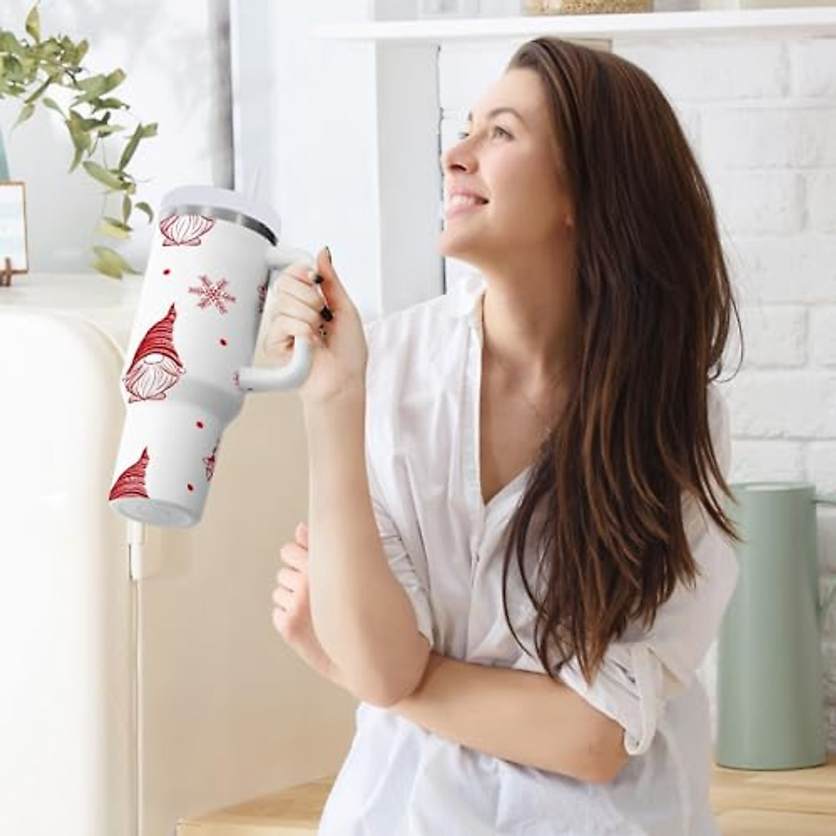 RPLIFE Christmas Gnomes White Tumbler with Handle and Straw, Stainless Water Bottle, Coffee Cups with Lids Reusable