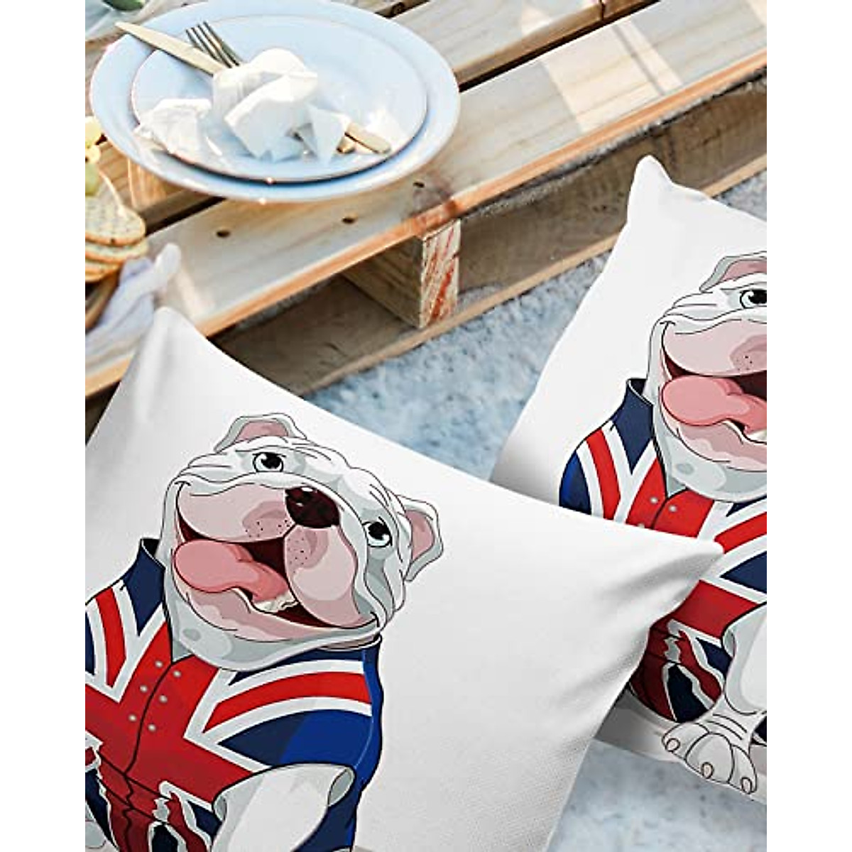 Vandarllin Outdoor Throw Pillows Covers 18X18 Set of 2 Waterproof Cute Dog Decorative Zippered Lumbar Cushion Covers for Patio Furniture, Union Jack Red and Blue