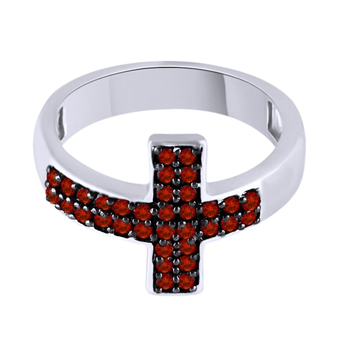 AFFY 0.58 Ct Simulated Round Garnet Cross Ring in 14k White Gold Over Sterling Silver Ring Size : 7