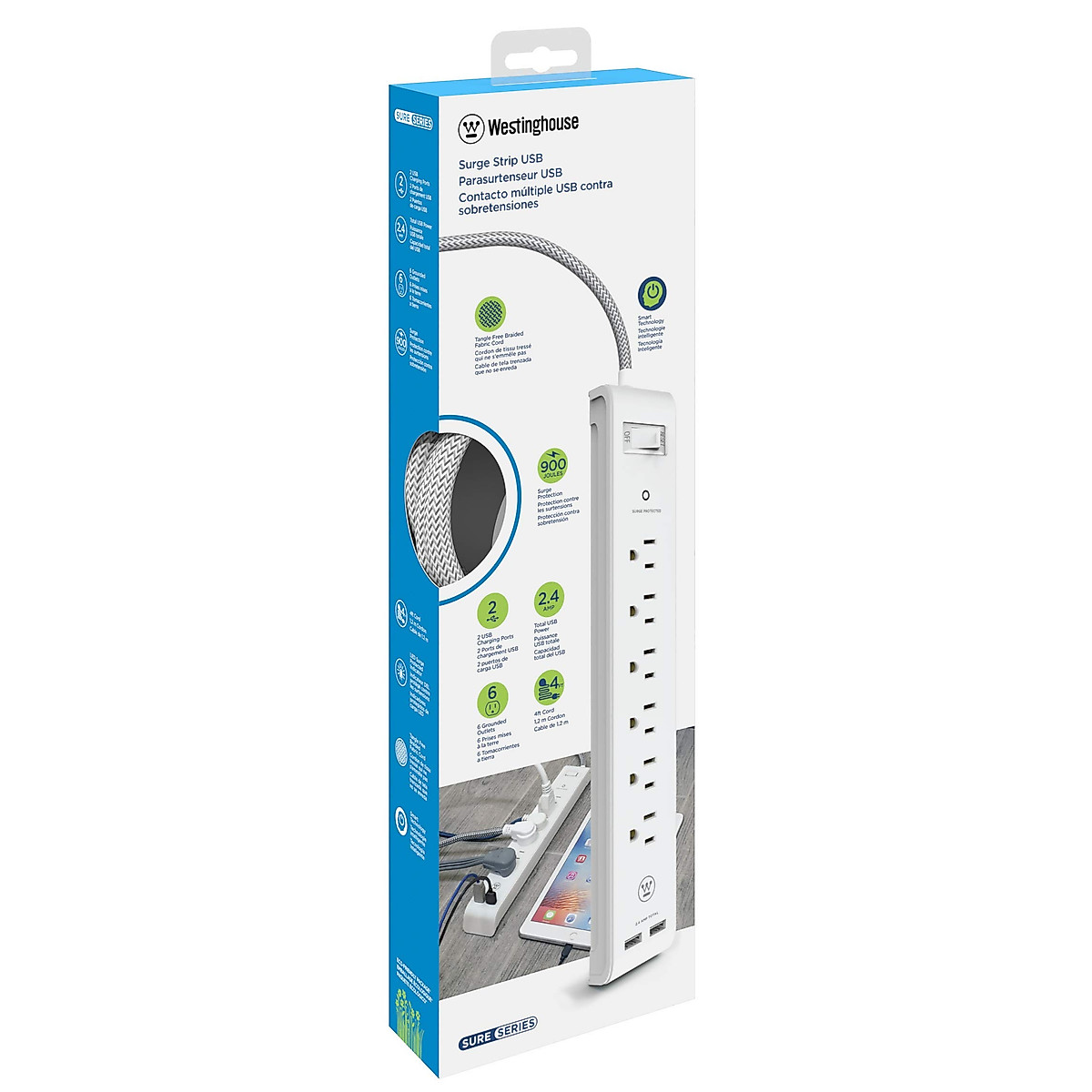 Westinghouse 96021 Strip 6-Outlet 2-USB 900 Joule Surge Protector with Fabric Braided Tangle Free Cord, White