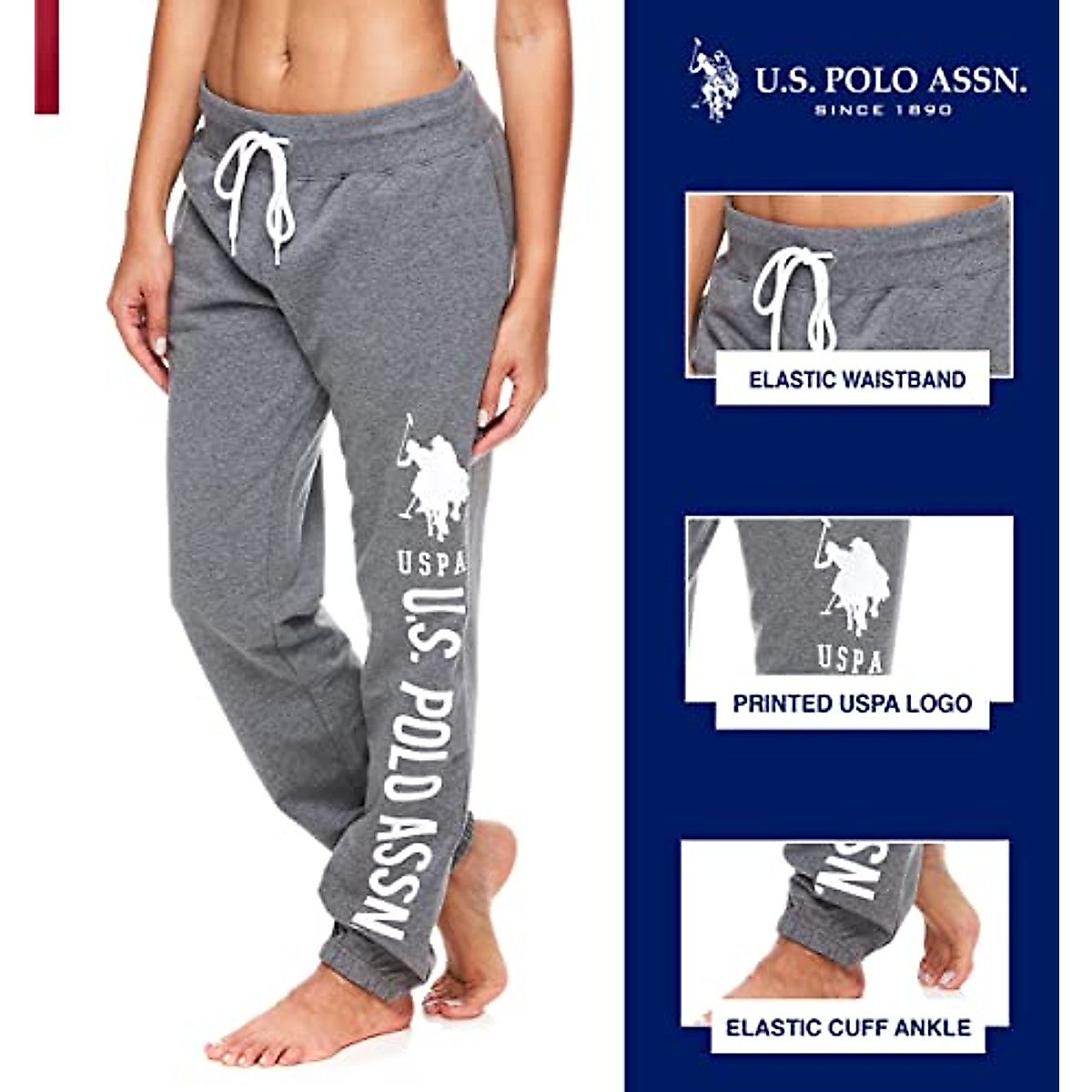 U.S. Polo Assn. Womens Sweatpants - Women Joggers Sweats with Logo Print - French Terry Poly-Cotton (Charcoal Heather with White Print, Medium)