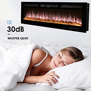 AthLike 60'' Recessed and Wall Mounted Electric Fireplace, 750/1500W Low Noise Linear Heater, with Multicolor Flame and 5 Flame Brightness, Log&Crystal, Touch Screen Remote Control,1-8h Timer, Black