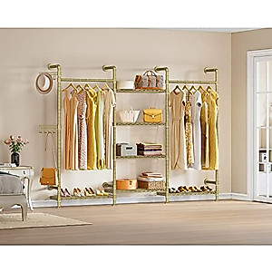 Timate F1 Pipe Clothes Rack Wall Mount Heavy Duty Closet Organizer System Hanging Closet Rack for Clothes, Closet Kit Walk in Closet Systems, Adjustable Storage Closet Shelves Wardrobe Closet, Gold