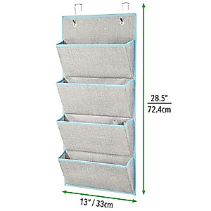 mDesign Soft Fabric Over The Door Hanging Storage Organizer with 4 Large Pockets for Closets in Bedrooms, Hallway, Entryway, Mudroom - Hooks Included - Textured Print - Gray/Teal Blue
