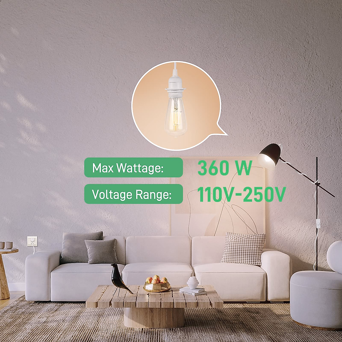 ArayLight 2-Pack15 Feet Pendant Light Cord, Hanging Lantern Cord with On Off Switch, Plug in Pendant Light Kit E26/E27 Light Socket for Living Room Bedroom Decor