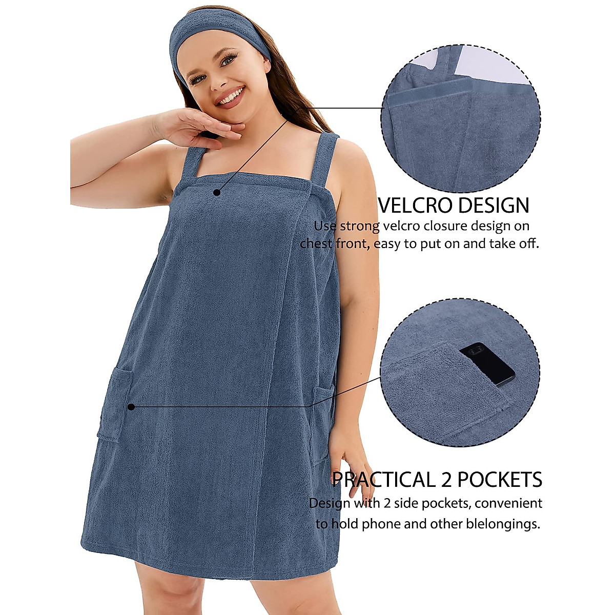 Women’s Terry Cloth Bath Towel Wrap with Adjustable Closure Elastic Robe & Facial Strap (M,Grey Blue)