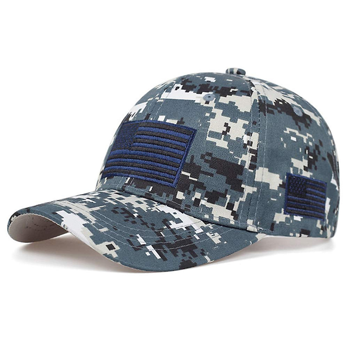 MANMESH HATT USA American Flag Embroidered Hat, Adjustable Washed Distressed Baseball Cap for Men Women (American Flag Camouflage Dark Blue, one Size)