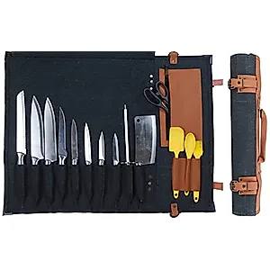 Chef knife roll bag large | stores 10 knives, 3 kitchen utensils Plus leather zipper pouch size open: 28" x 20" | waxed canvas knife carrier | easily carried shoulder strap professional chefs