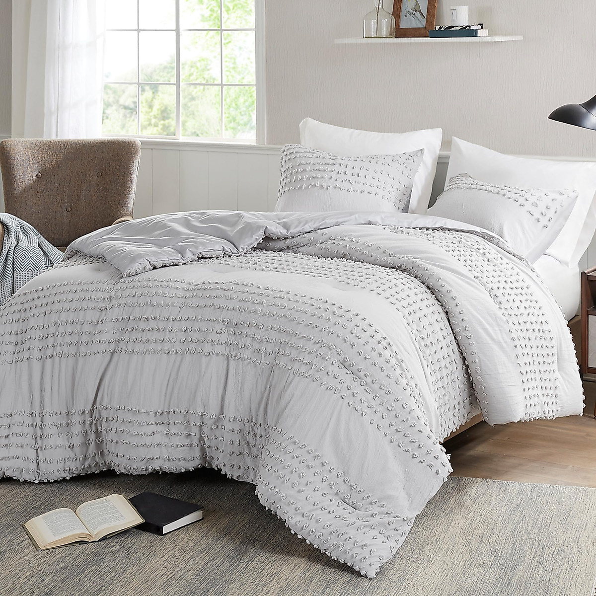 Comfort Spaces Cotton Comforter Set Jacquard Pom-Pom Tufts Design, Down Alternative, All Season Modern Bedding, Matching Shams, Full/Queen, Phillips, Grey, 3 Piece