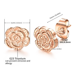 VOJO Implant Grade G23 Titanium Stud Earrings for Sensitive Ears Post Pierced Cartilage Lobe Earring Stud for Women (Rose Gold)