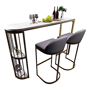 LITFAD Modern Bar Table Set Slate Counter Table with High Stools Home Dining Table with 2 Counter Stools Luxury Kitchen Table Chair - 3 Pieces: White-Gold Table, 2 Stools