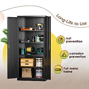 LOCENHU Metal Storage Cabinet with 2 Doors and 4 Adjustable Shelves - 71" Locking File Cabinet,Locking Tool Cabinet for Office,Home,Garage,Gym,School (Black),Requires Installation