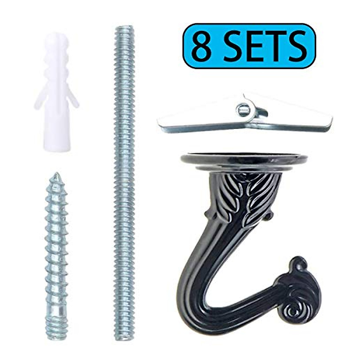 OBSTKUCHEN 8 Sets Swag Ceiling Hooks Heavy Duty Swag Hook with Hardware for Hanging Plants Ceiling Installation Cavity Wall Fixing (Black)