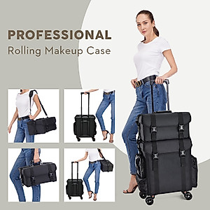 Costravio Professional Makeup Case, 2in1 Travel Makeup Rolling Case Soft Sided Cosmetology Train Case with Wheels Makeup Artist Cosmetic Organize for Make-up, Nail Art, Beauty, Hairstylist, Black