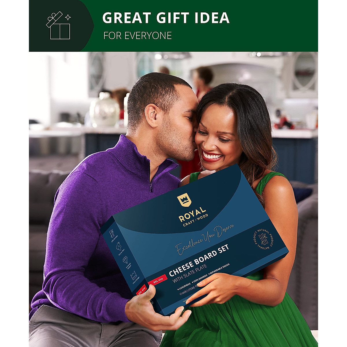 ROYAL CRAFT WOOD Extra Large Bamboo Cheese Board and Knife Set - With Slate Plate and Sauce Bowls