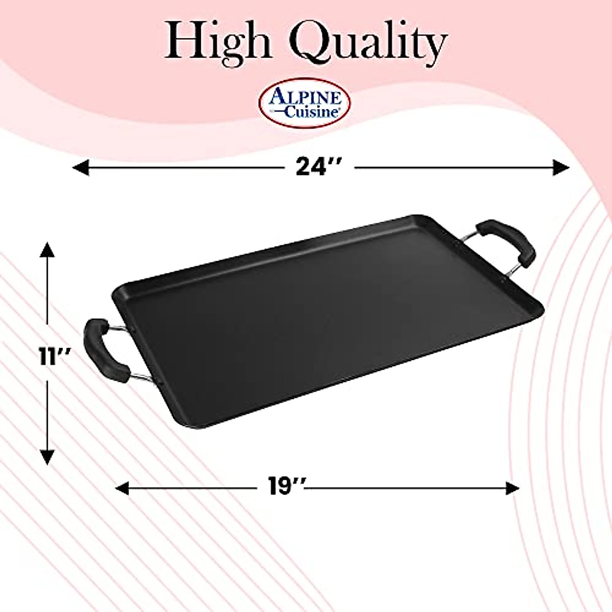 Alpine Cuisine Aluminum Griddle Pan 19x11in | Nonstick Coating & Heat Resistant | Gas Stove Griddle for Cookware with Double Handle - Ideal for BBQ & Serving Pancakes, Hand Wash - Gray